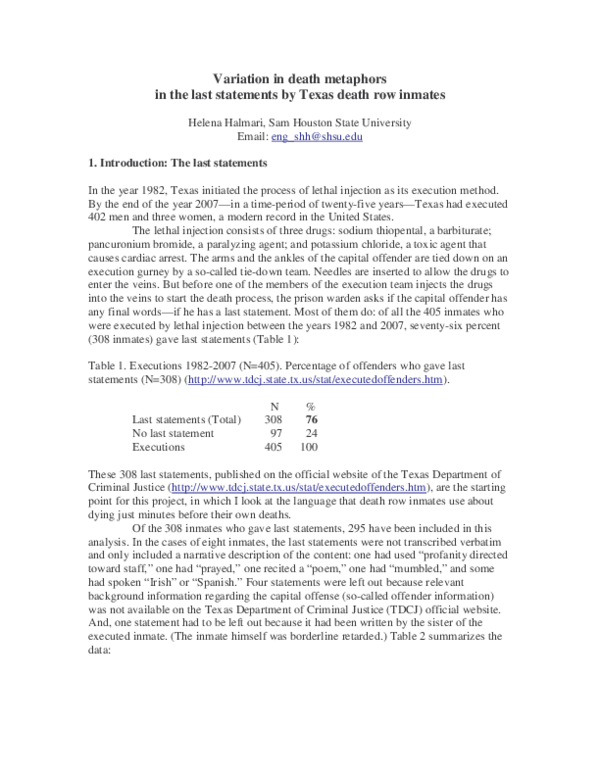 (PDF) Variation in death metaphors in the last statement by Texas death ...