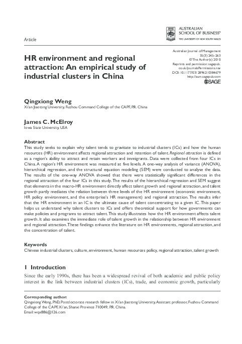 (PDF) HR environment and regional attraction: An empirical study of industrial clusters in China