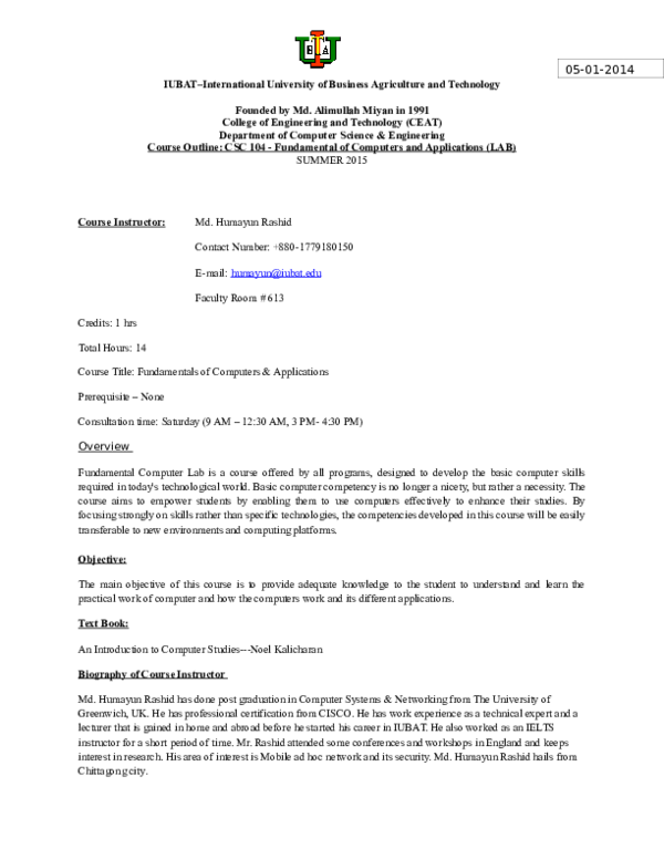 (DOC) Course outline CSC 104 (DOC) Course outline CSC 104