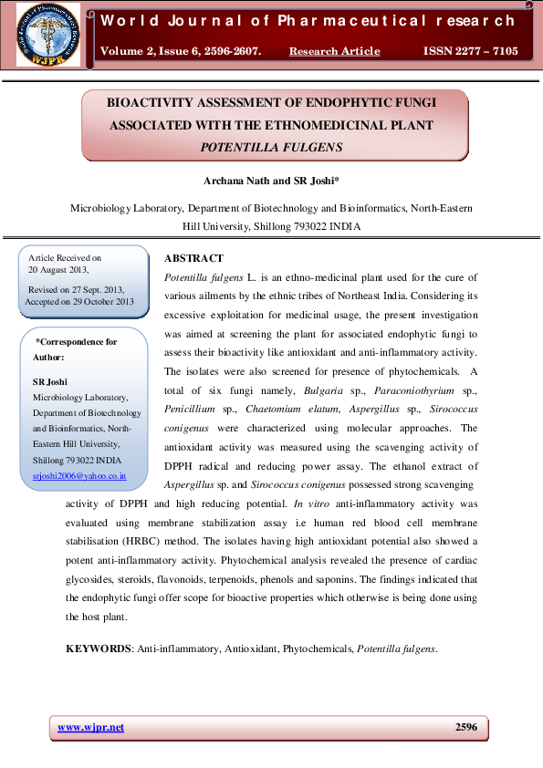 (PDF) BIOACTIVITY ASSESSMENT OF ENDOPHYTIC FUNGI ASSOCIATED WITH THE ETHNOMEDICINAL PLANT ...