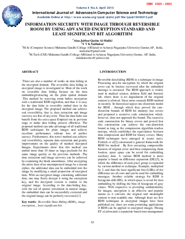 (PDF) INFORMATION SECURITY WITH IMAGE THROUGH REVERSIBLE ROOM BY USING ADVANCED ENCRYPTION ...