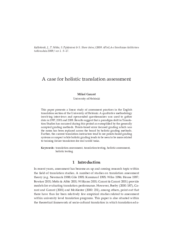 (PDF) A case for holistic translation assessment