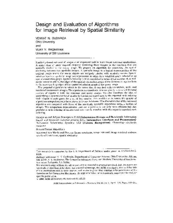 Pdf Design And Evaluation Of Algorithms For Image Retrieval By Spatial Similarity