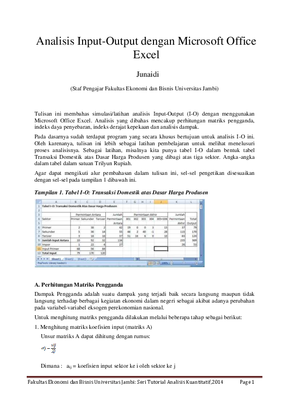 (PDF) Analisis Input-Output dengan Microsoft Office Excel