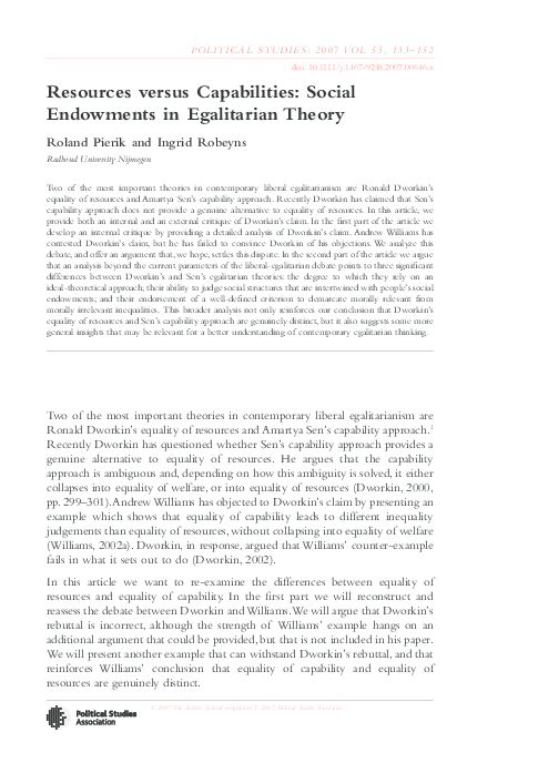 (PDF) Resources Versus Capabilities: Social Endowments In Egalitarian ...