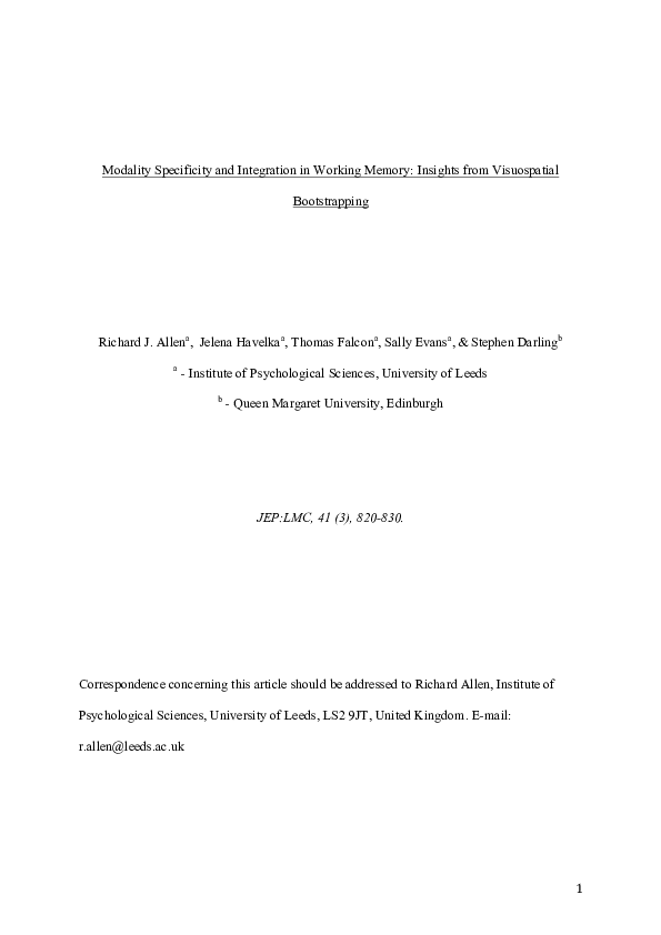Modality Specificity And Integration In Working Memory Insights From Visuospatial Bootstrapping