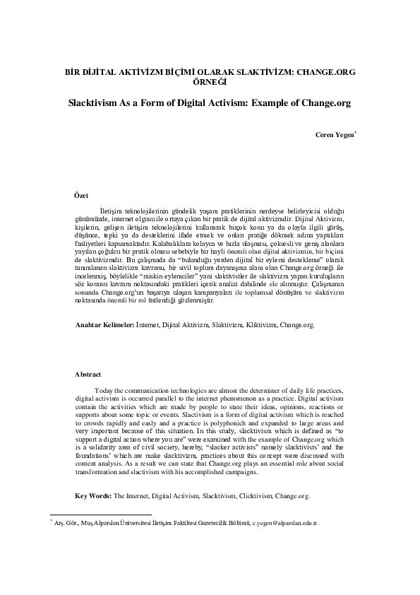 (PDF) Slacktivism As a Form of Digital Activism: Example of Change.org