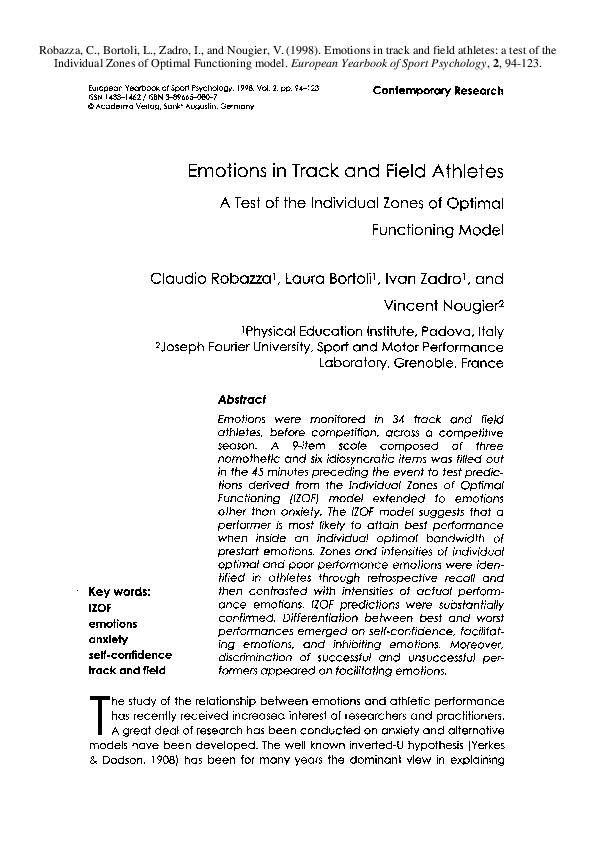 Emotions in track and field athletes: A test of the Individual Zones of ...