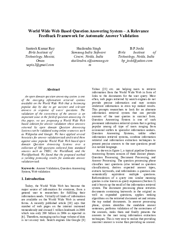 Pdf World Wide Web Based Question Answering System A Relevance Feedback Framework For