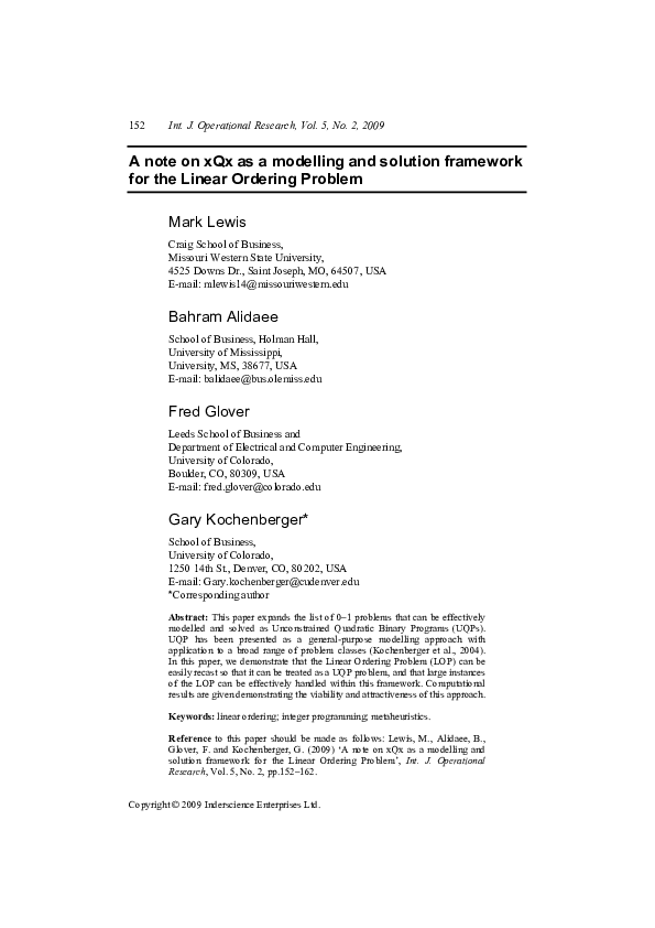 Pdf A Note On Xqx As A Modelling And Solution Framework For The Linear Ordering Problem