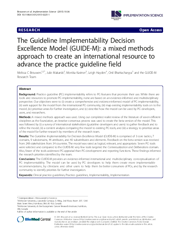 (PDF) The Guideline Implementability Decision Excellence Model (GUIDE-M): a mixed methods ...