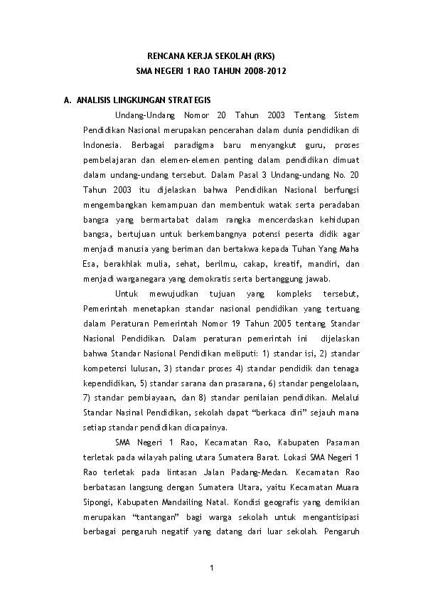 (PDF) RENCANA KERJA SEKOLAH (RKS) SMA NEGERI 1 RAO TAHUN 2008-2012