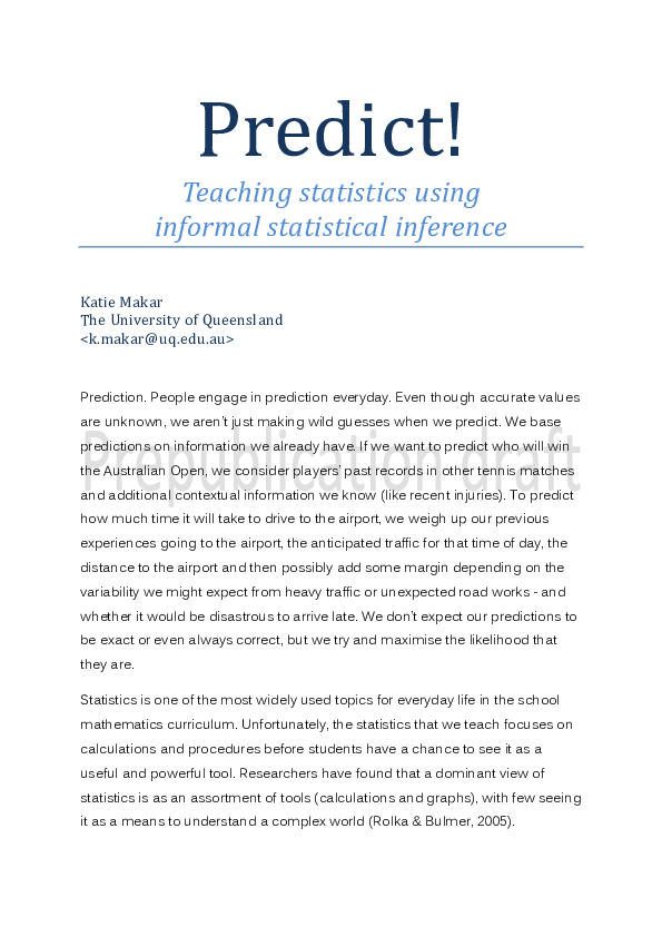 (PDF) Predict! Teaching statistics using informal statistical inference.
