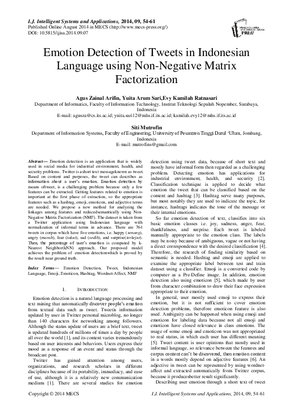Pdf Emotion Detection Of Tweets In Indonesian Language Using Non