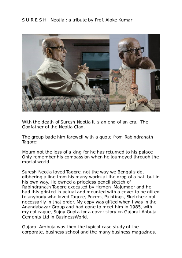 (DOC) S U R E S H Neotia : a tribute by Prof. Aloke Kumar