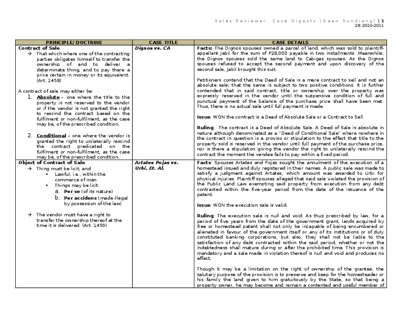 (PDF) PRINCIPLE/ DOCTRINE CASE TITLE CASE DETAILS Contract of Sale