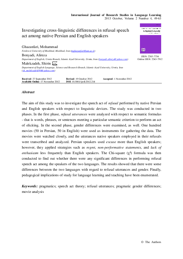 (PDF) Investigating cross-linguistic differences in refusal speech act among native Persian and ...