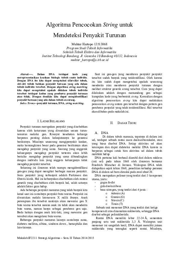 (PDF) Algoritma Pencocokan String untuk Mendeteksi Penyakit Turunan