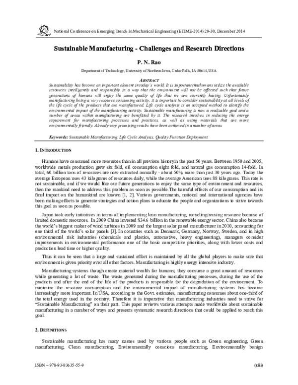 (PDF) Sustainable Manufacturing -Challenges and Research Directions