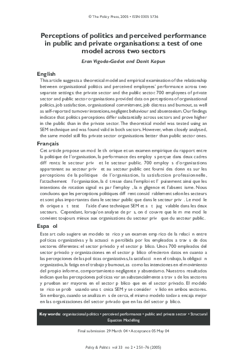 (PDF) Perceptions of politics and perceived performance in public and ...