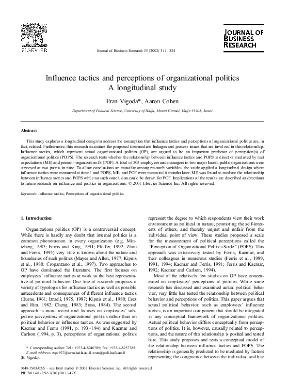 (PDF) Influence tactics and perceptions of organizational politics A longitudinal study