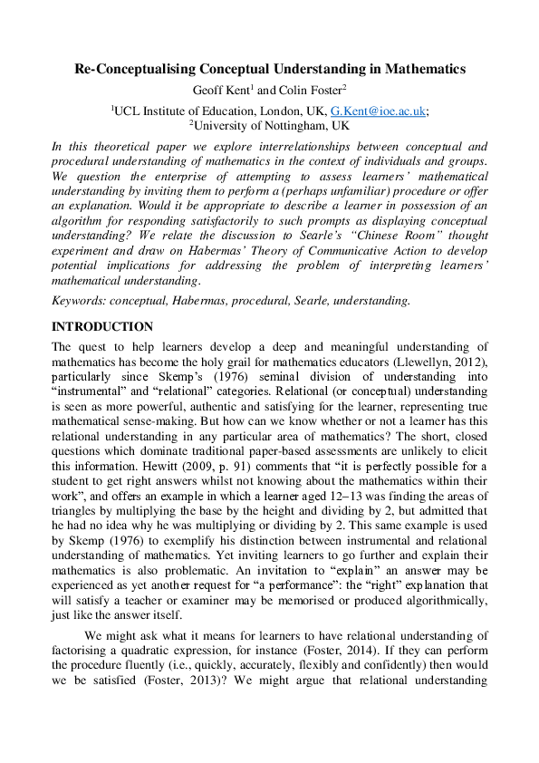 Kent, G., Foster, C., 2015. Re-Conceptualising Conceptual Understanding ...