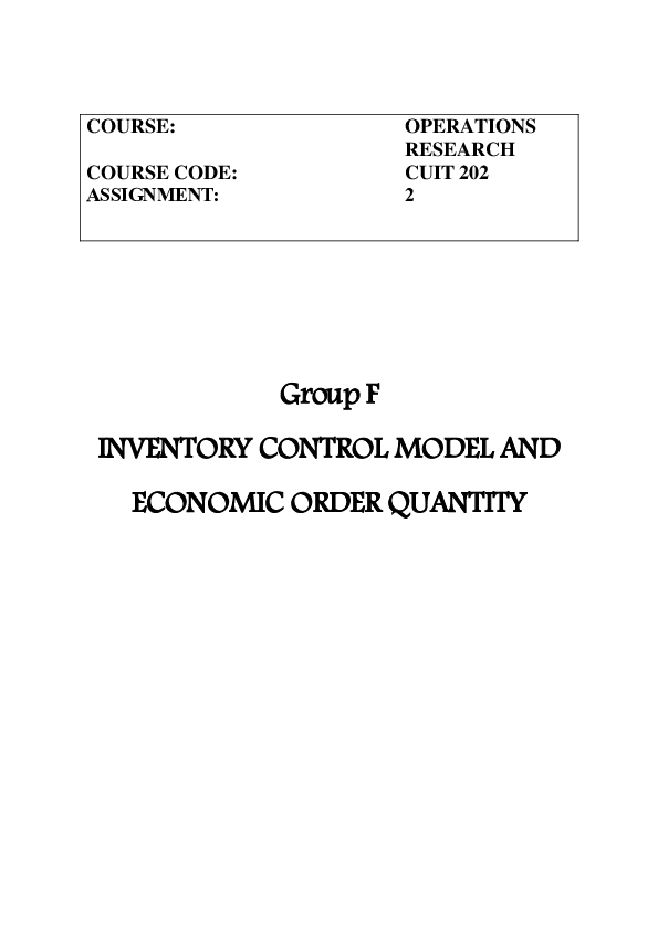 (PDF) ASSIGNMENT: Group F INVENTORY CONTROL MODEL AND