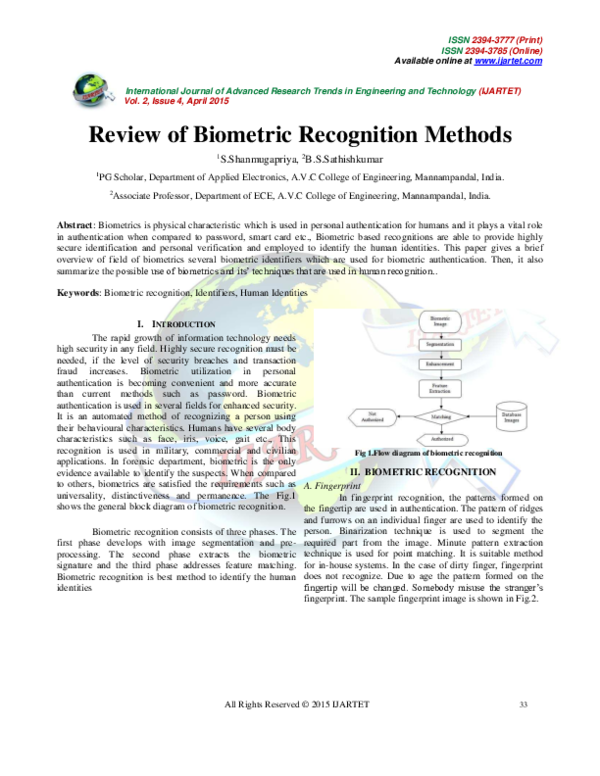 Pdf Review Of Biometric Recognition Methods