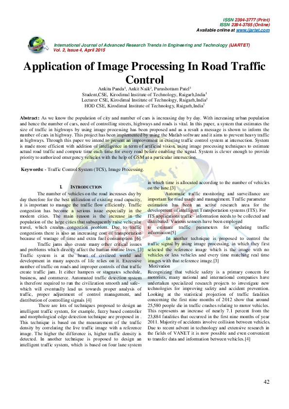 (PDF) Application of Image Processing In Road Traffic Control