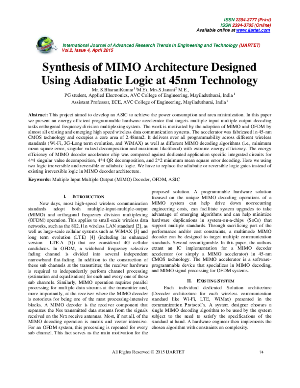 Pdf Synthesis Of Mimo Architecture Designed Using Adiabatic Logic At