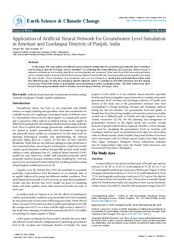 Pdf Application Of Artificial Neural Network For Groundwater Level Simulation In Amritsar And