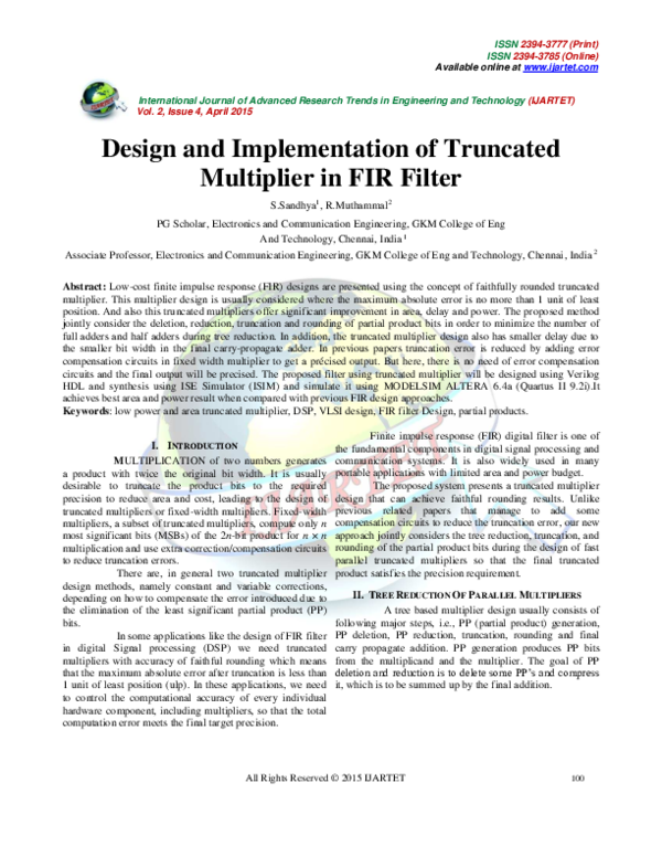 (PDF) Design and Implementation of Truncated Multiplier in FIR Filter