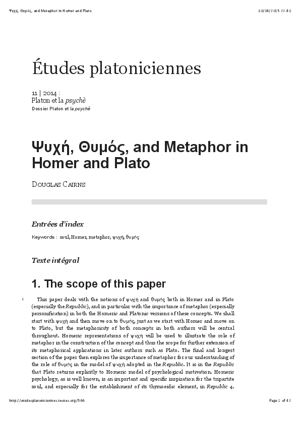 (PDF) Psyche, Thymos, and Metaphor in Homer and Plato