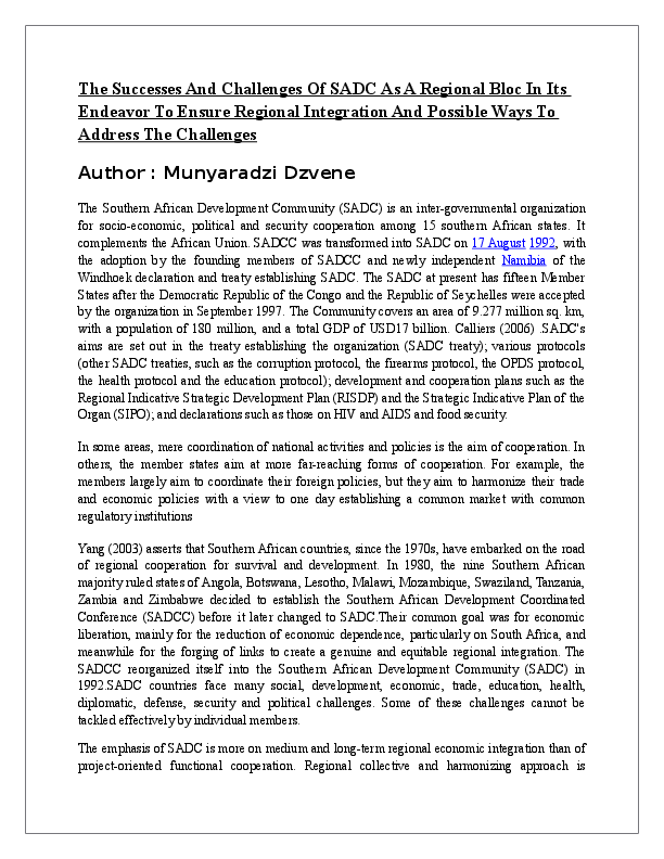 (DOC) The Successes And Challenges Of SADC As A Regional Bloc In Its ...