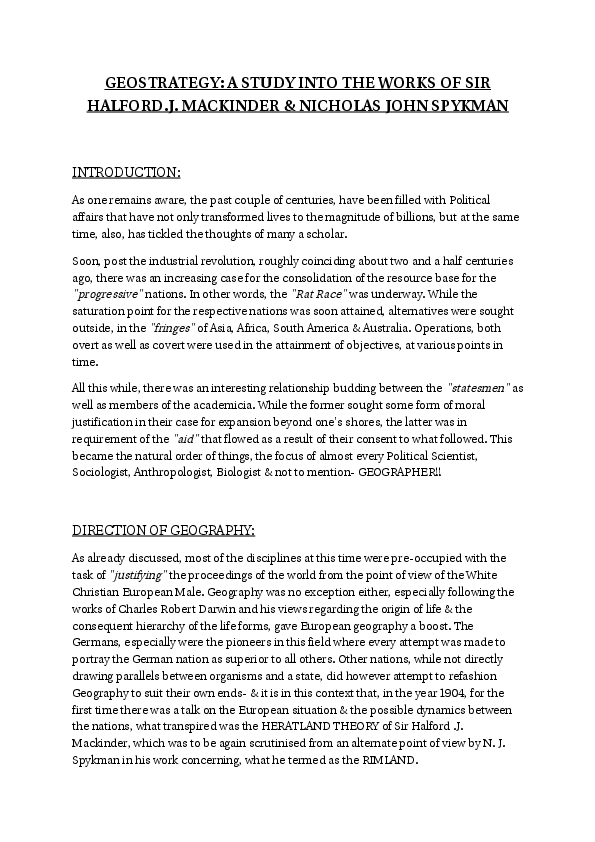 (DOC) A study into the works of Mackinder & Spykman