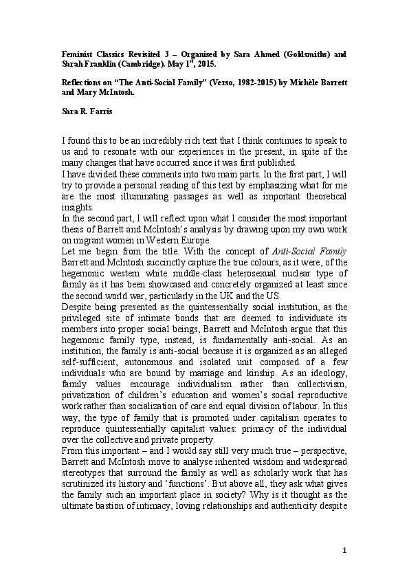 (PDF) Reflections on 'The Anti-Social Family' by Barrett and McIntosh