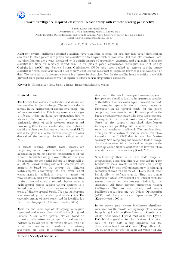 (PDF) Swarm Intelligence Inspired Classifiers - A case study with Remote Sensing Perspective