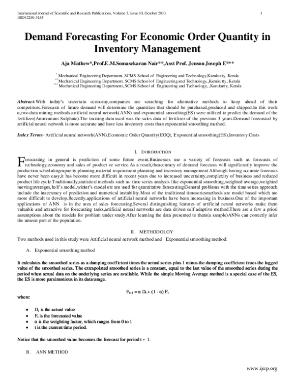 Pdf Demand Forecasting For Economic Order Quantity In Inventory Management 