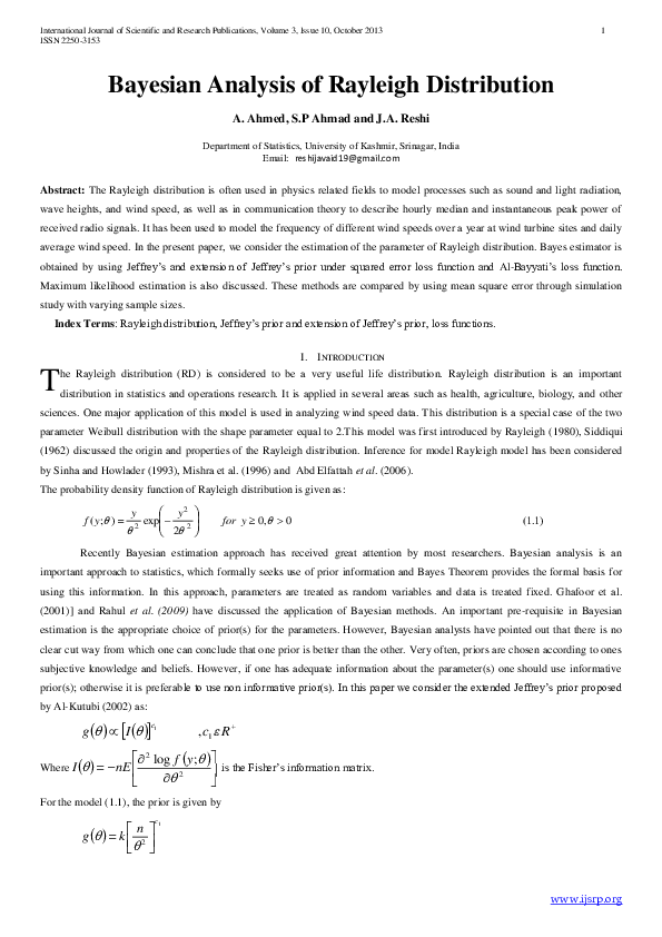 Pdf Bayesian Analysis Of Rayleigh Distribution Ijsrp Journal