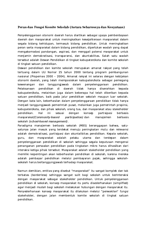 Doc Peran Dan Fungsi Komite Sekolah Antara Seharusnya Dan Kenyataan