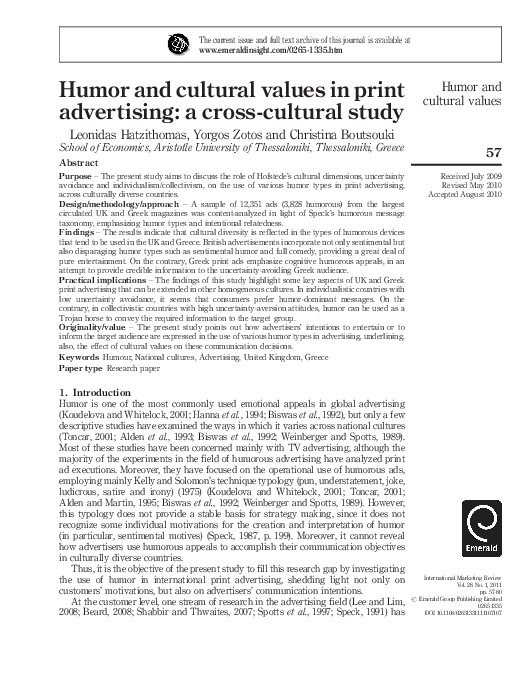 (PDF) Humor and Cultural Values in Print Advertising: A Cross-Cultural ...