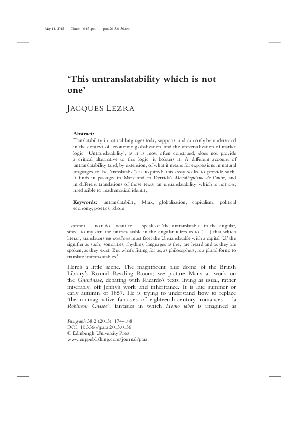 (PDF) "This Untranslatability Which Is Not One"