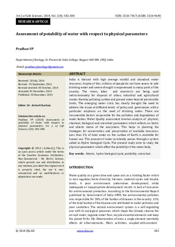 (PDF) Assessment of potability of water with respect to physical parameters