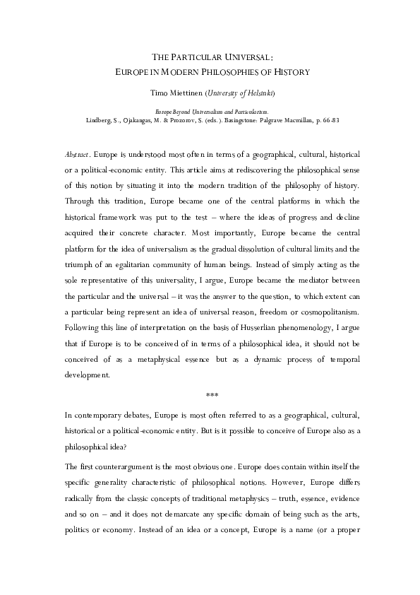 (PDF) The Particular Universal: Europe in Modern Philosophies of History