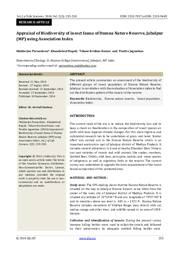(PDF) Appraisal of Biodiversity of insect fauna of Dumna Nature Reserve ...