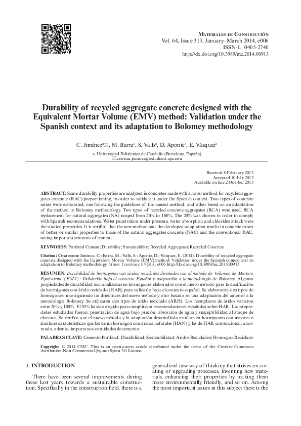 (PDF) Durability of recycled aggregate concrete designed with the Equivalent Mortar Volume (EMV ...