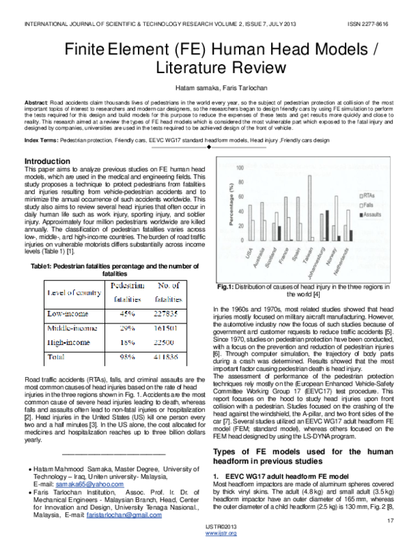(PDF) Finite Element (FE) Human Head Models / Literature Review