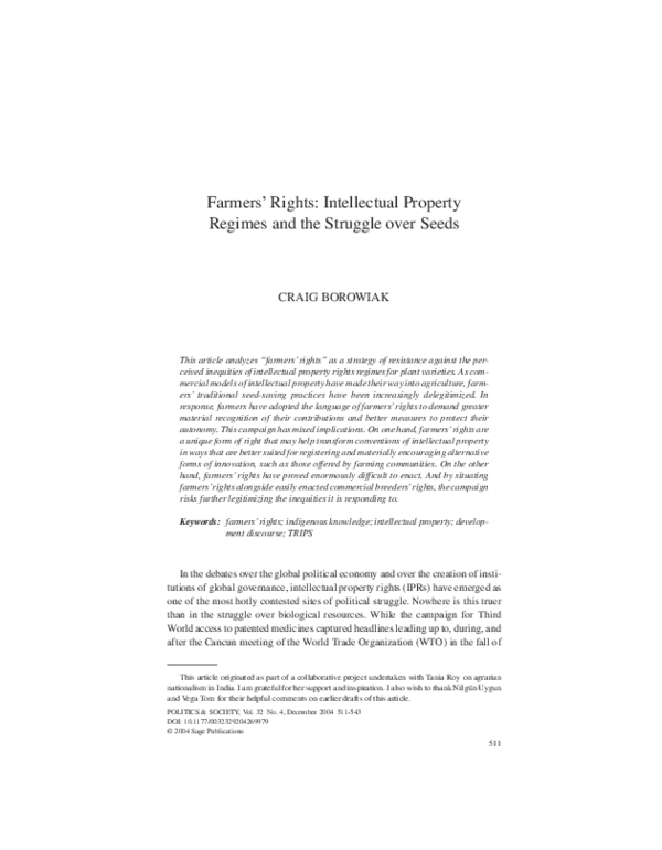 (PDF) Farmers' Rights: Intellectual Property Regimes and the Struggle ...