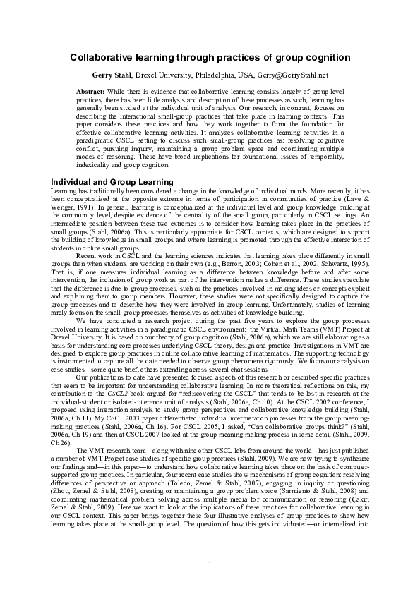 (PDF) Collaborative learning through practices of group cognition