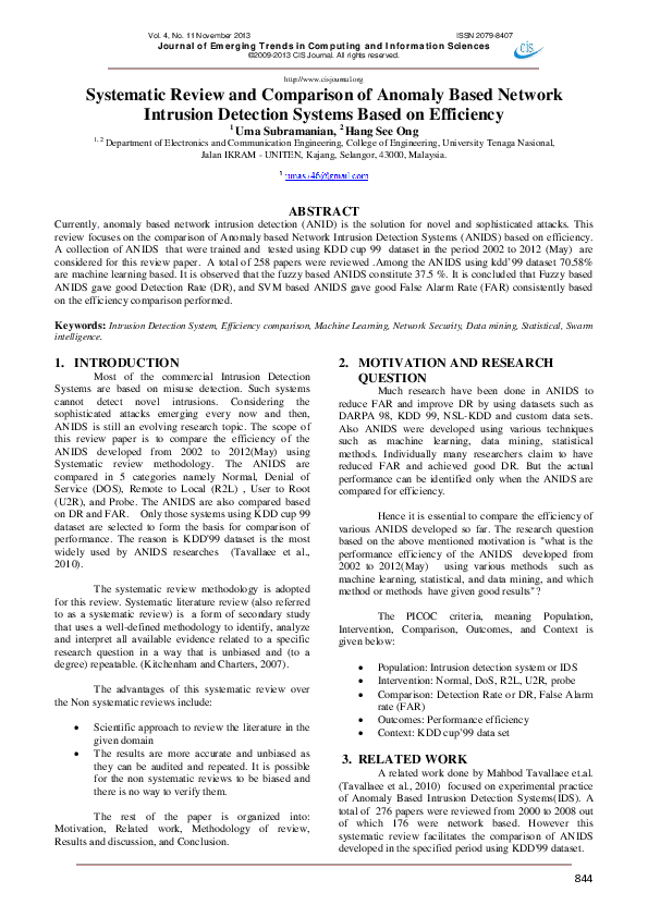 Pdf Systematic Review And Comparison Of Anomaly Based Network Intrusion Detection Systems